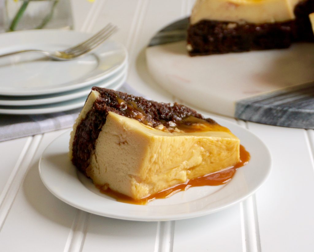 Chocoflan is a dense chocolate cake with a creamy flan baked on top.