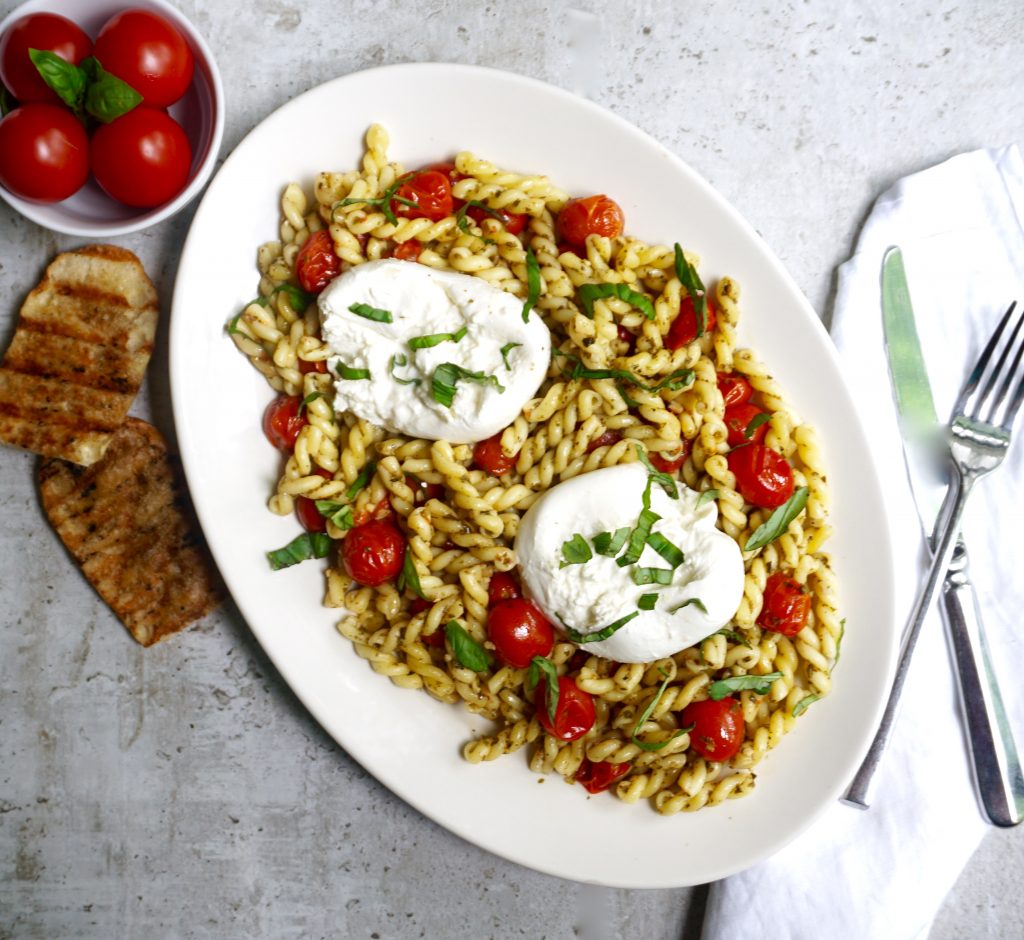 Caprese Fusilli with Burrata is made from ripe tomatoes, basil and burrata.