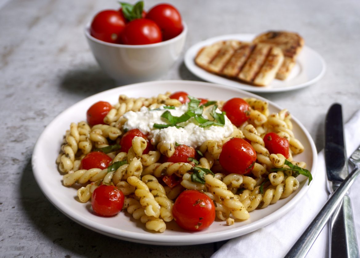 Caprese Fusilli with Burrata is made from ripe tomatoes, basil and burrata.