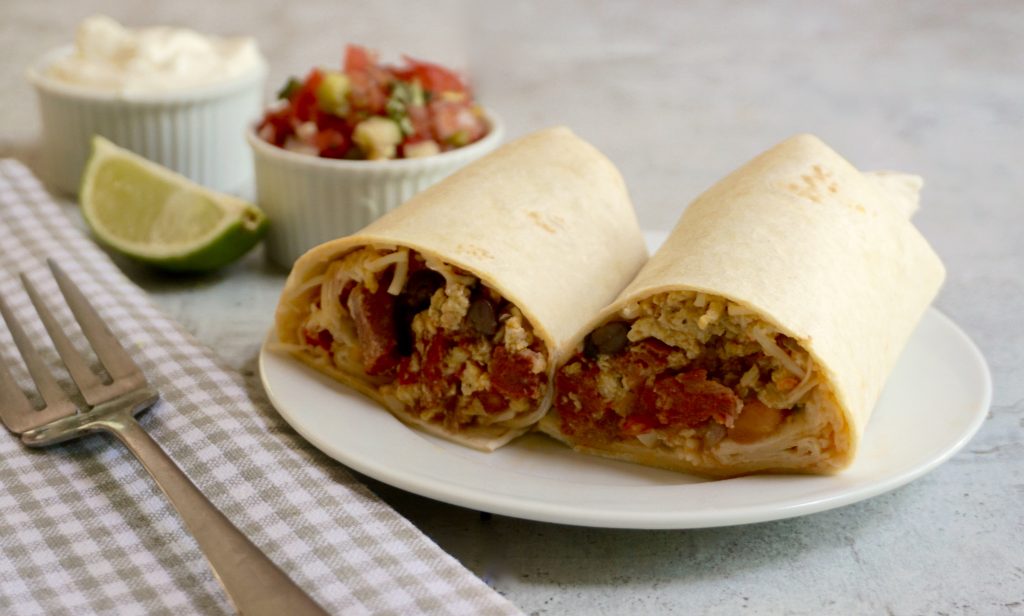 Chorizo Breakfast Burrito with eggs, black beans, salsa and cheese.